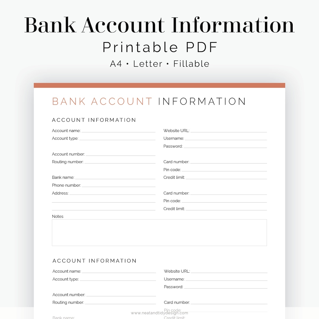 Bank Account Information - Fillable - Printable PDF - Finance Planner ...