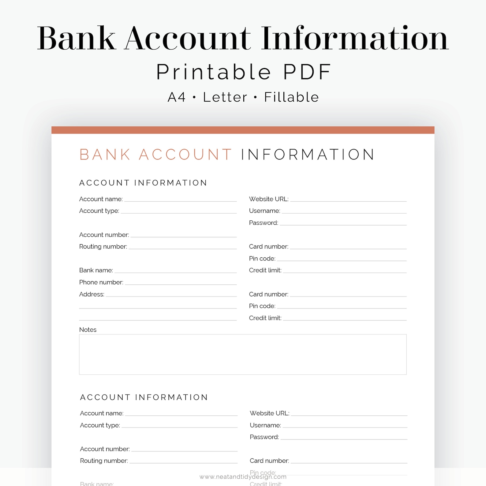 Bank Account Information - Fillable - Printable PDF - Finance Planner ...