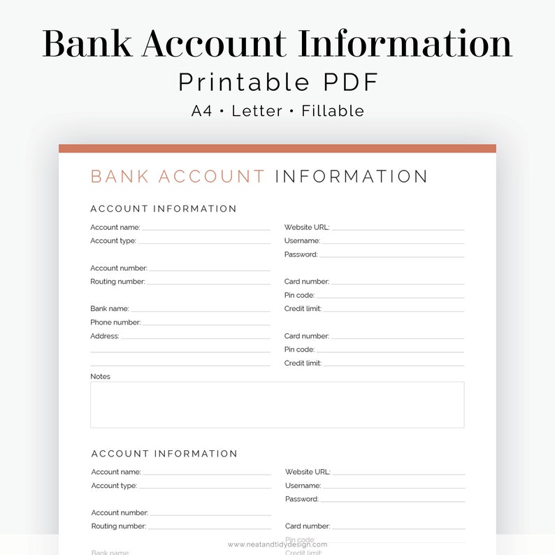 Bank Account Information - Fillable - Printable PDF - Finance Planner ...