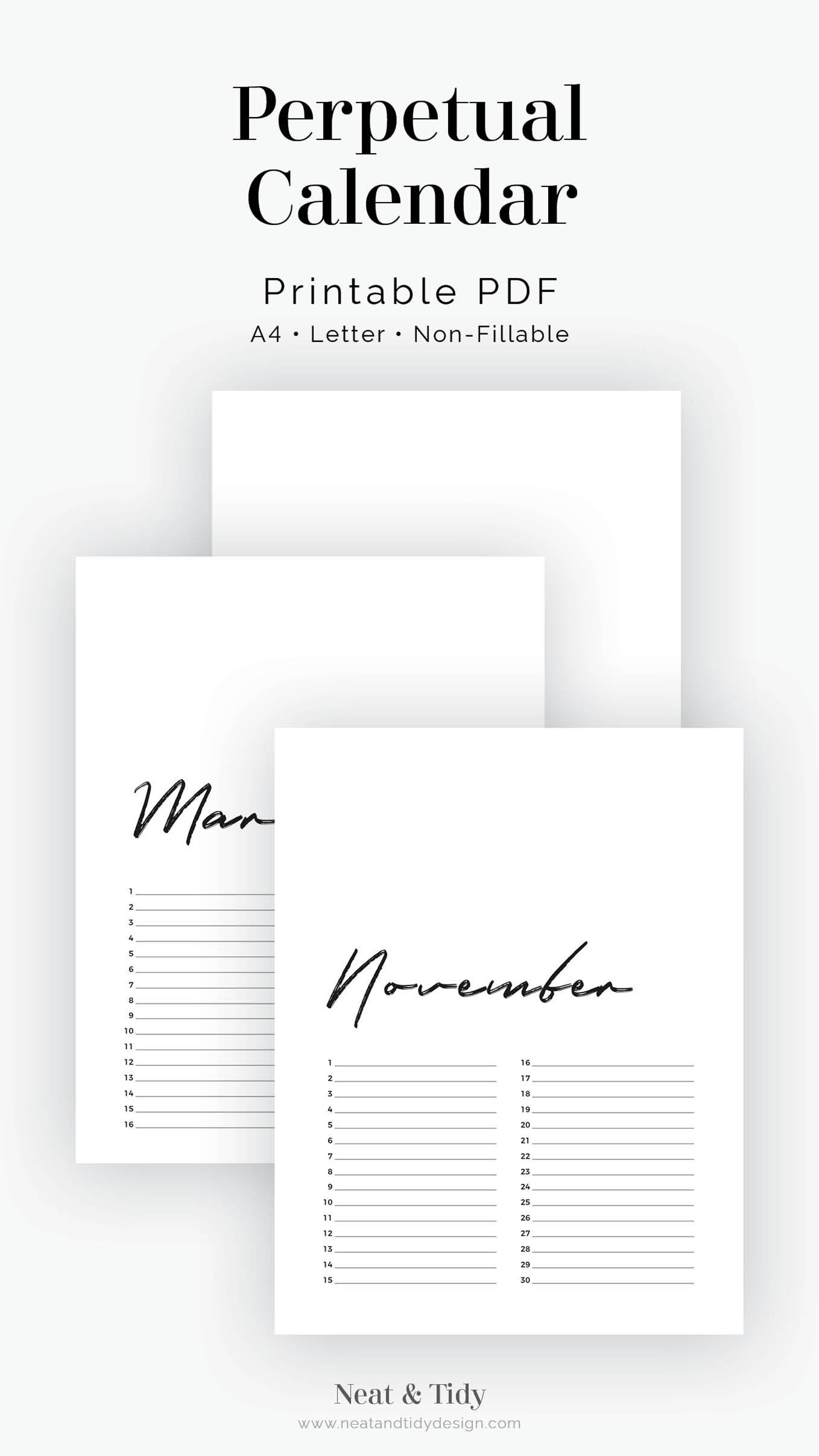 Printable Perpetual Wall Calendar brush Script Printable - Etsy