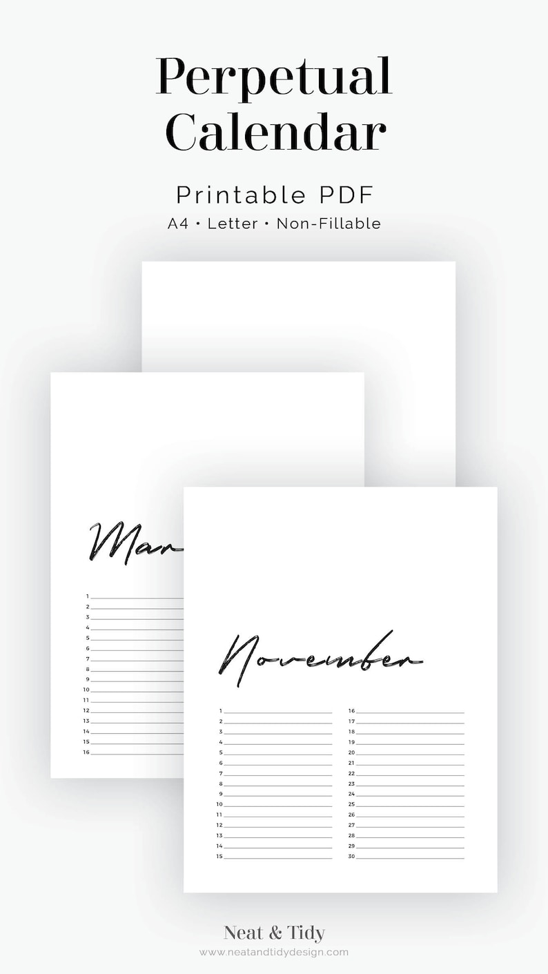 Printable Perpetual Wall Calendar brush Script Printable - Etsy