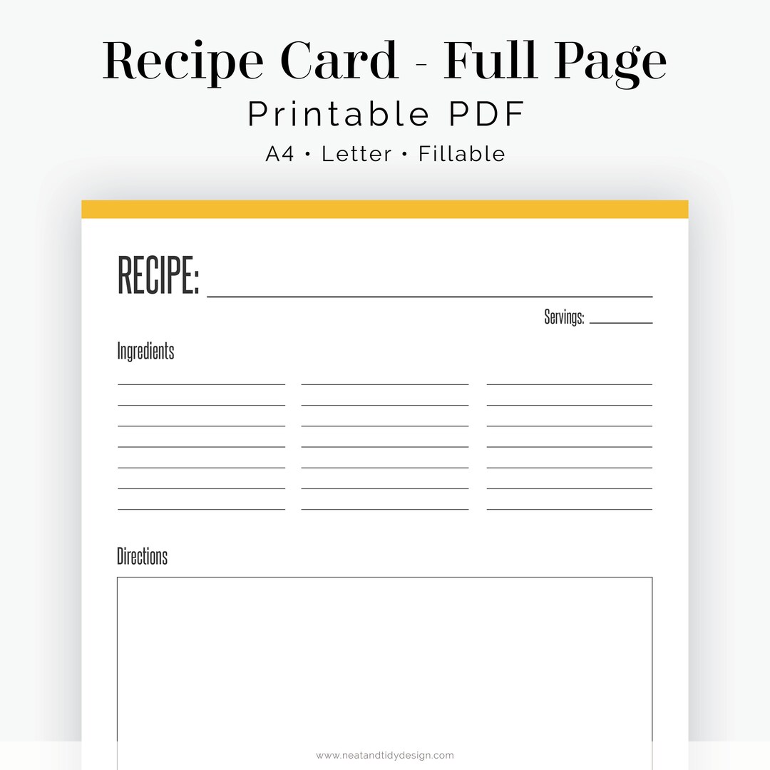 Recipe Card, Full Page - Fillable - Recipe Card, Letter and A4 Size ...