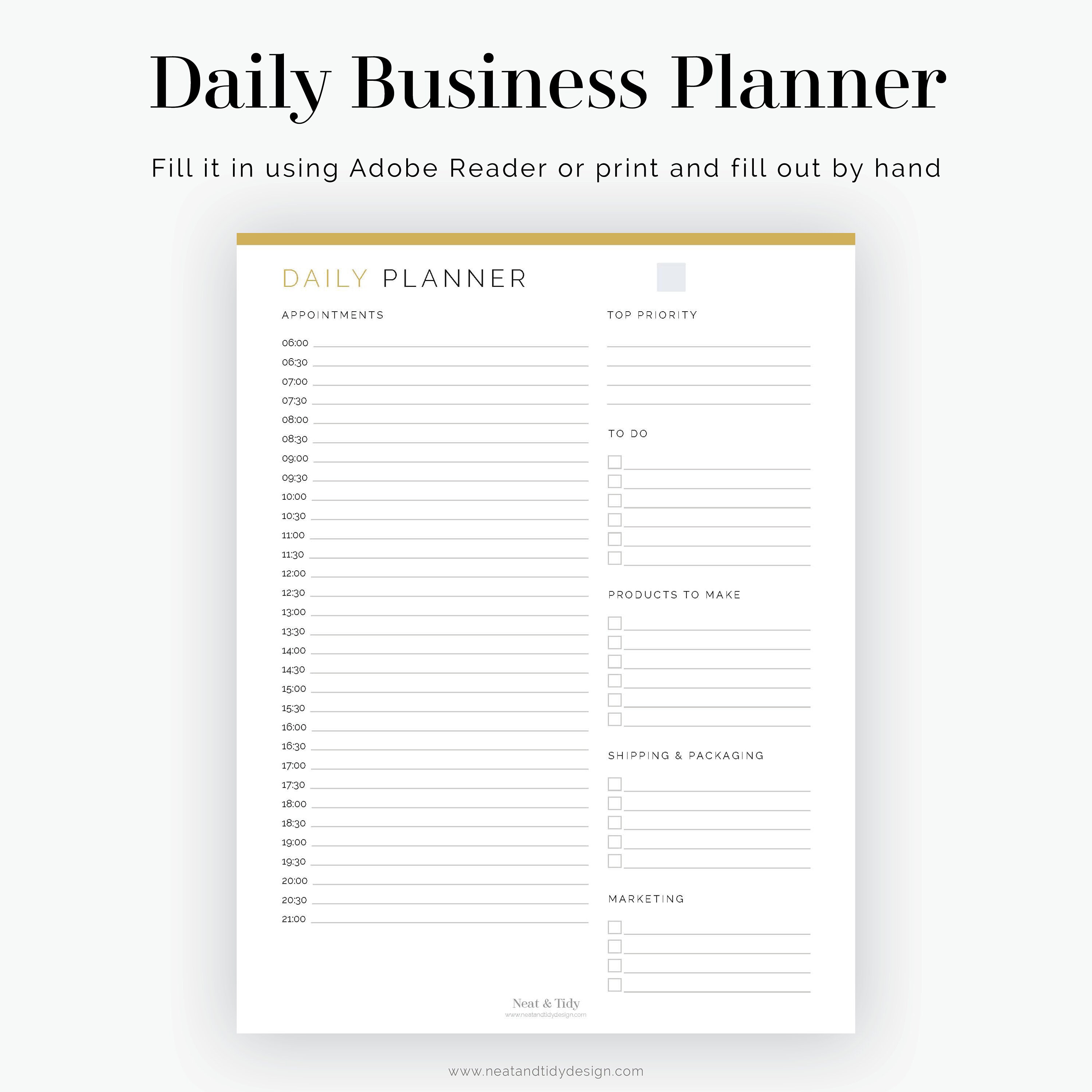 Daily Business Planner - Fillable - Printable PDF - Time Tracker, Daily ...