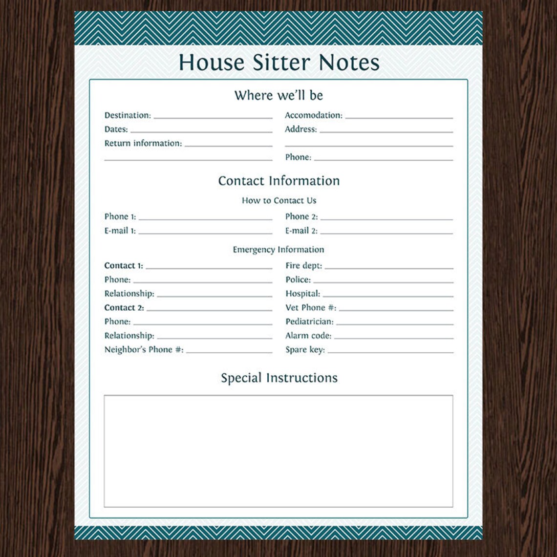 House Sitter Notes - Fillable - Printable PDF - Instant Download ...