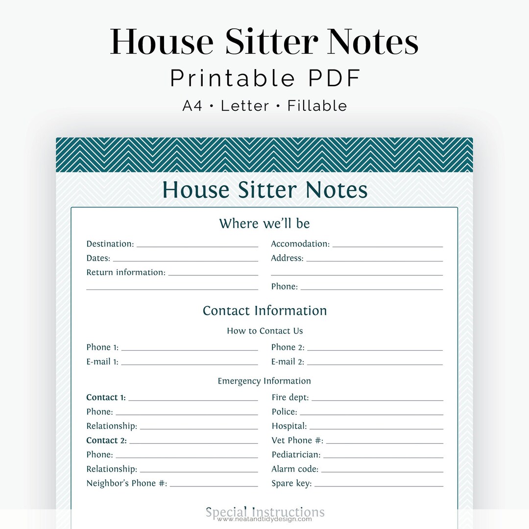 House Sitter Notes - Fillable - Printable PDF - Instant Download ...