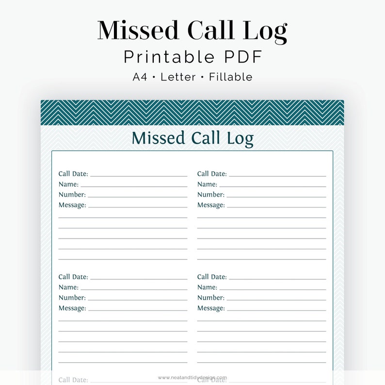 Missed Call Log - Fillable PDF Printable - Household Organizer Chevron ...