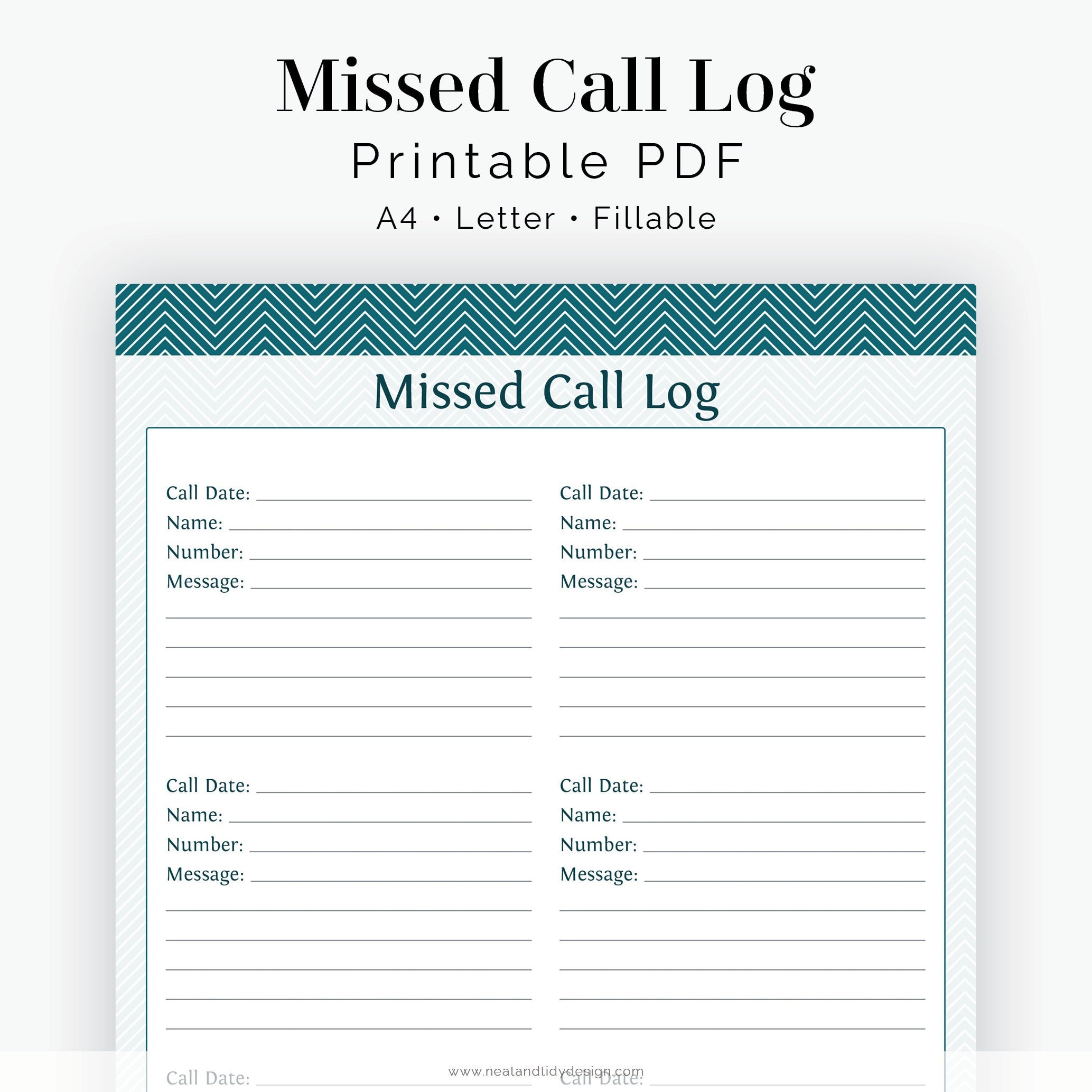 Missed Call Log - Fillable PDF Printable - Household Organizer Chevron ...