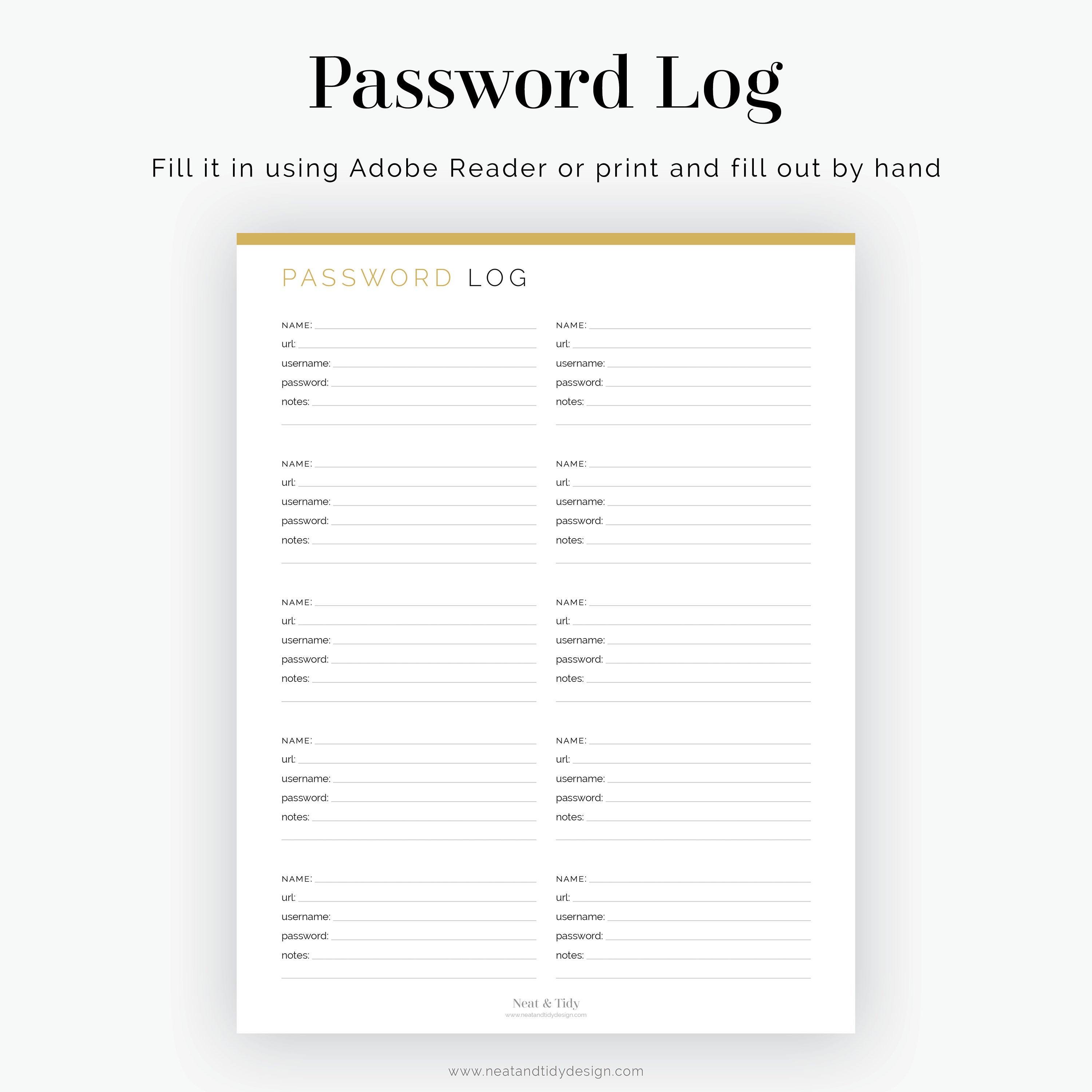 Password Log - 2 Layouts - Printable, Fillable PDF - Password Tracker ...
