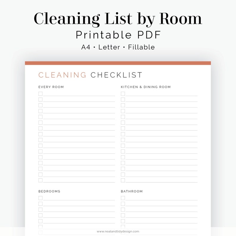 Cleaning Checklist by Room - Fillable - Printable PDF - Household ...