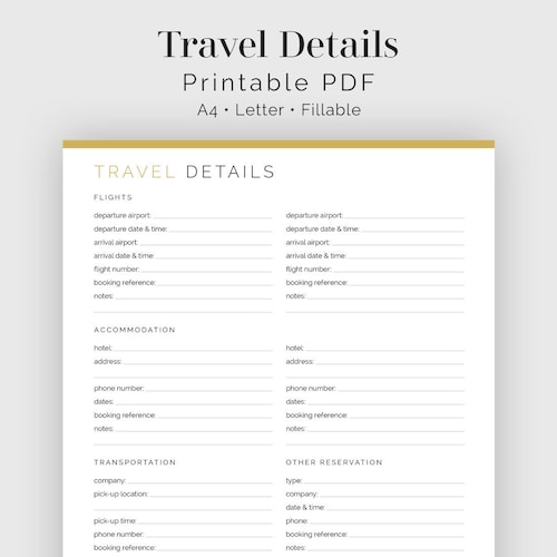 Travel Details Fillable Travel Planner Vacation Planner - Etsy