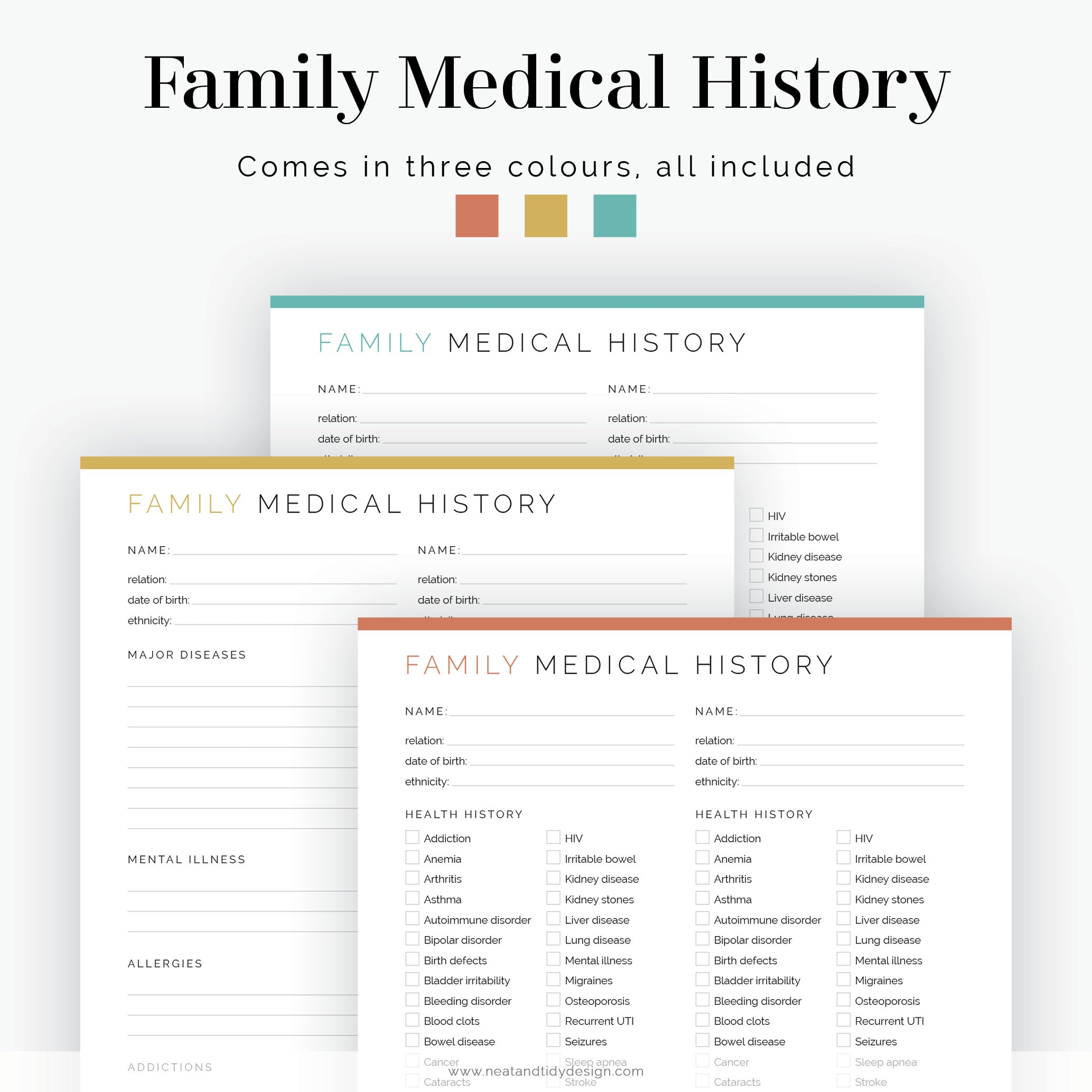 Family Medical History - 2 Layouts - Health & Medical Log, Healthcare ...