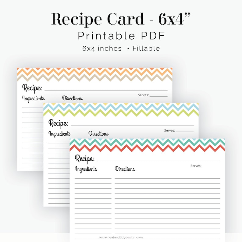 Recipe Card - Colourful Chevron - Fillable - 4x6 Recipe Card ...