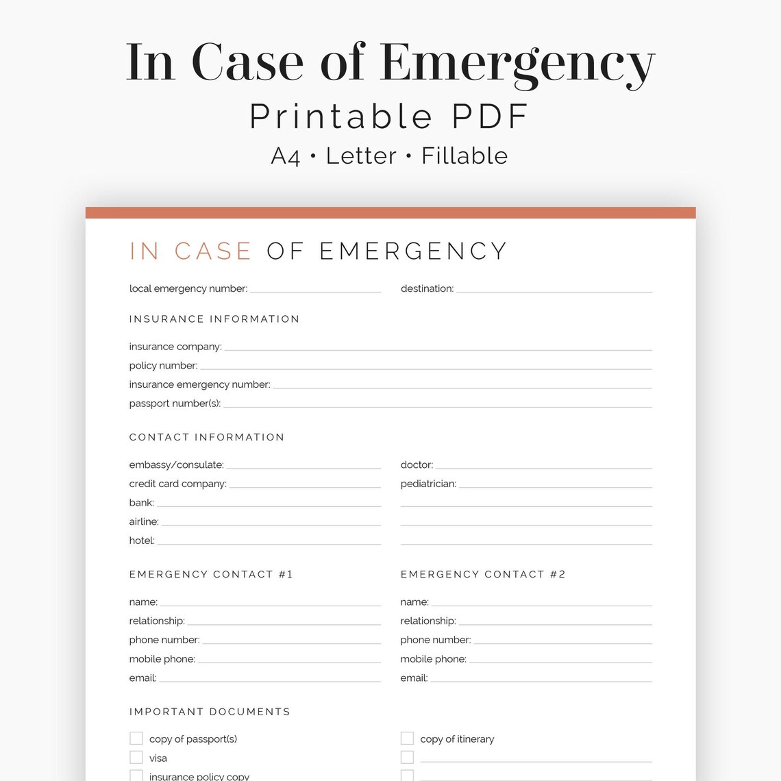 In Case of Emergency Fillable Travel Planner Vacation | Etsy