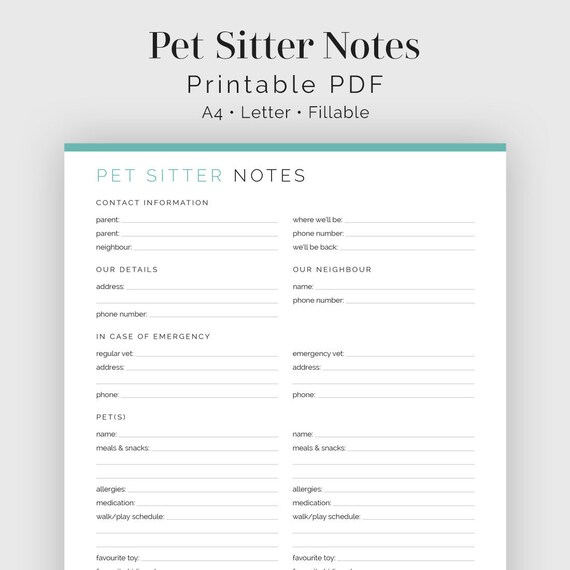 Pet Sitter Notes Fillable Printable PDF Household | Etsy