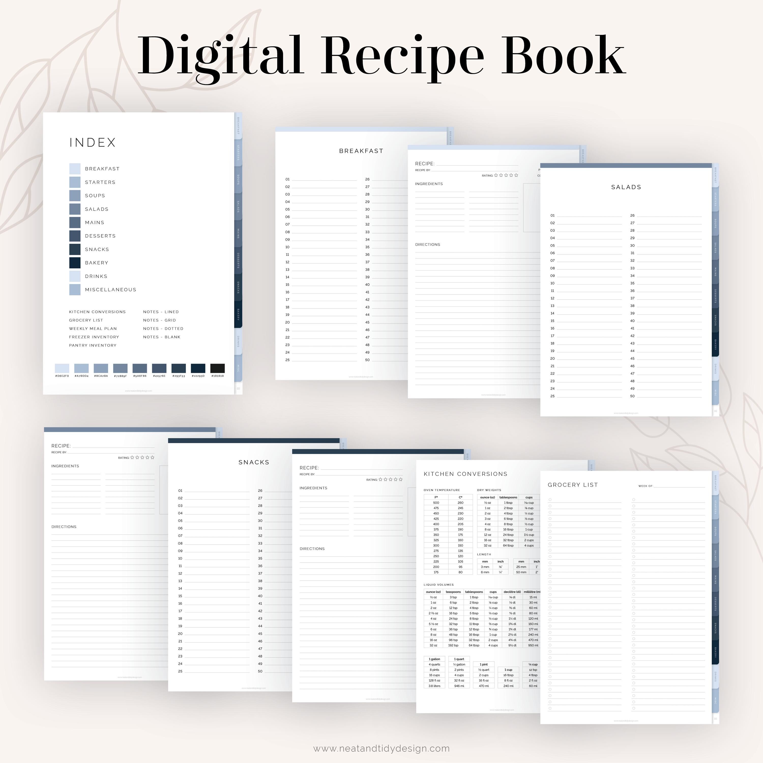 Digital Recipe Book for Goodnotes (portrait) - Hyperlinked Tabs - Blue ...