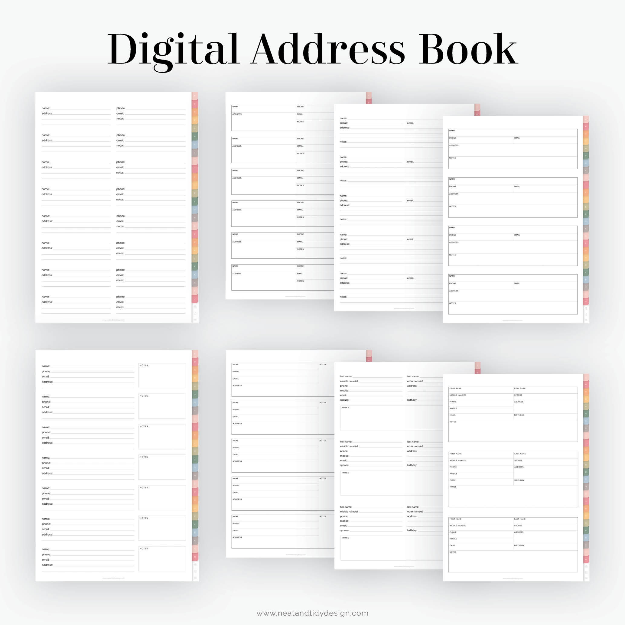 Digital Address Book for Goodnotes & Notability rainbow Hyperlinked ...