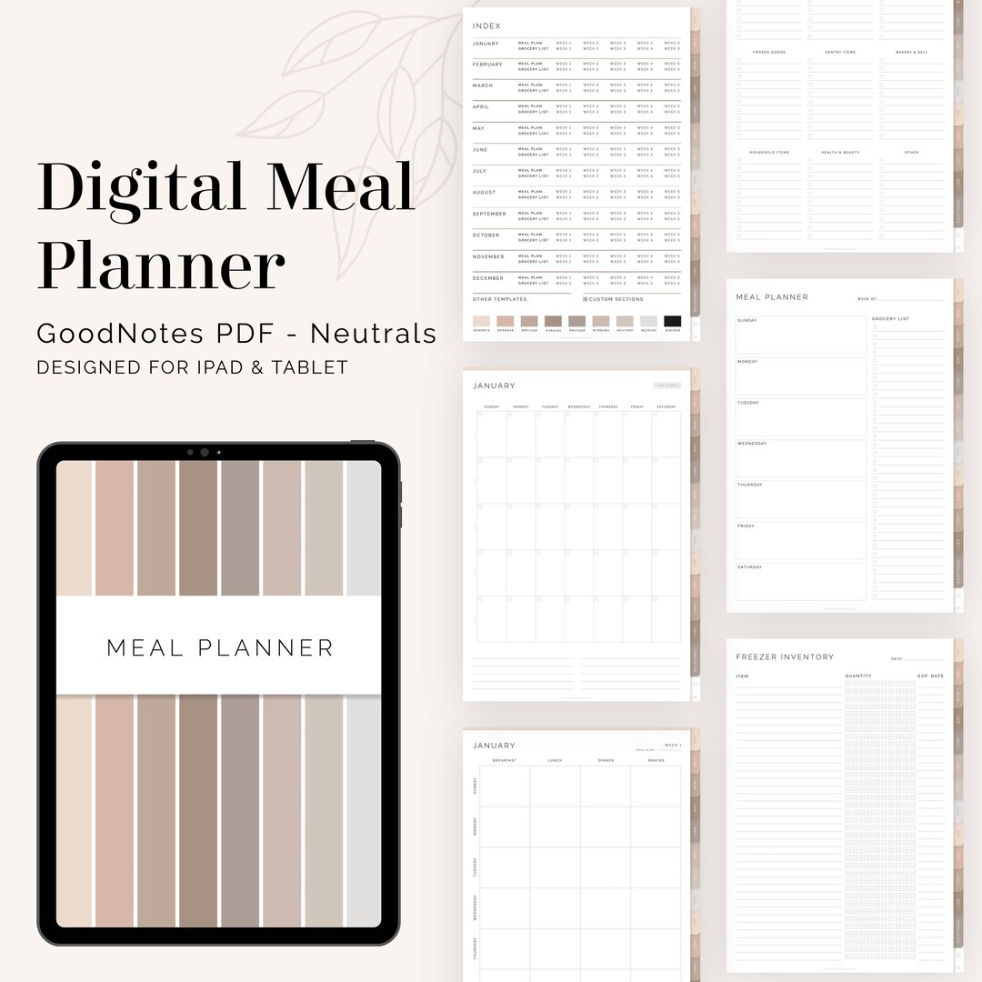 Digital Meal Planner for Goodnotes & Notability, Neutrals | Monthly ...