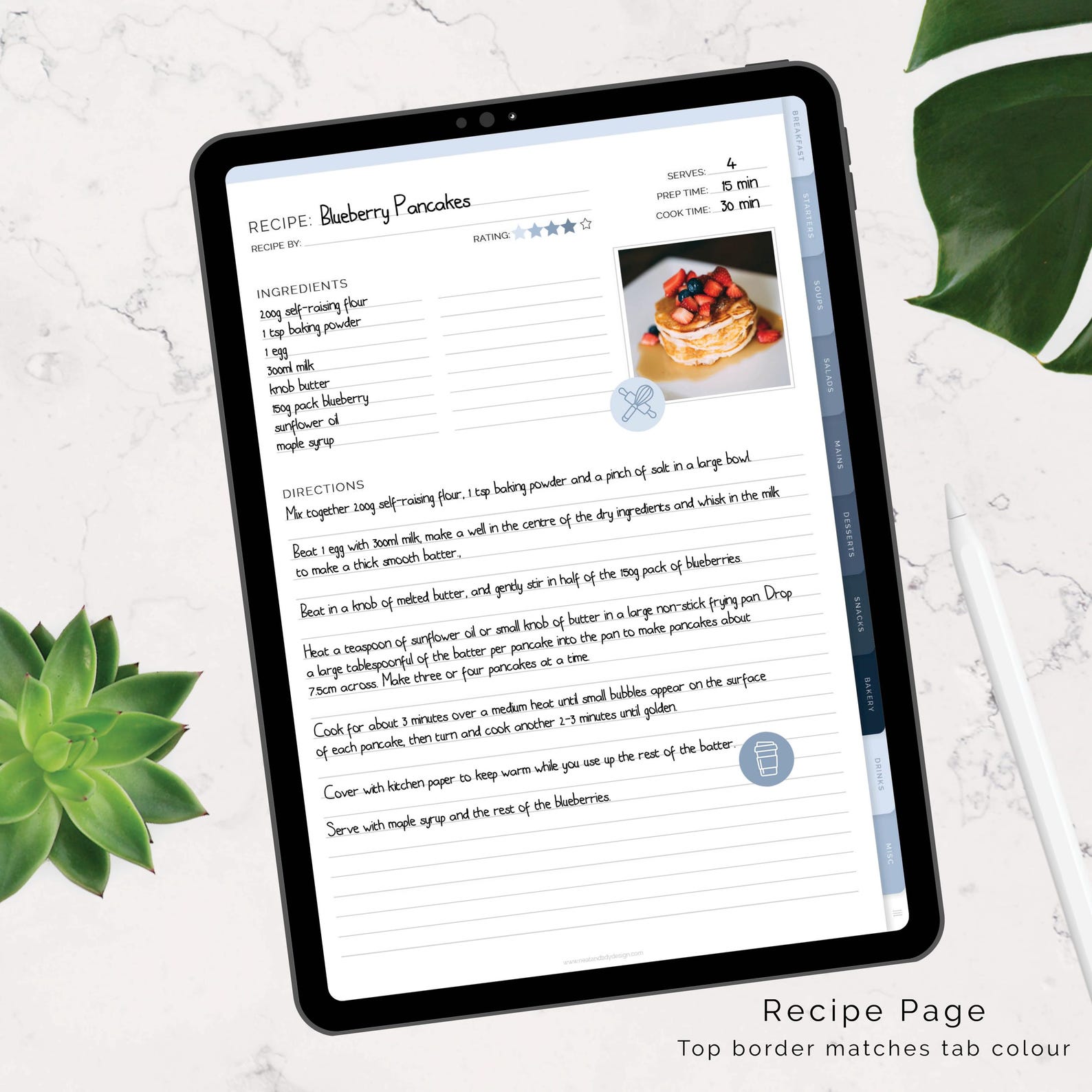 Digital Recipe Book for Goodnotes (portrait) - Hyperlinked Tabs - Blue ...