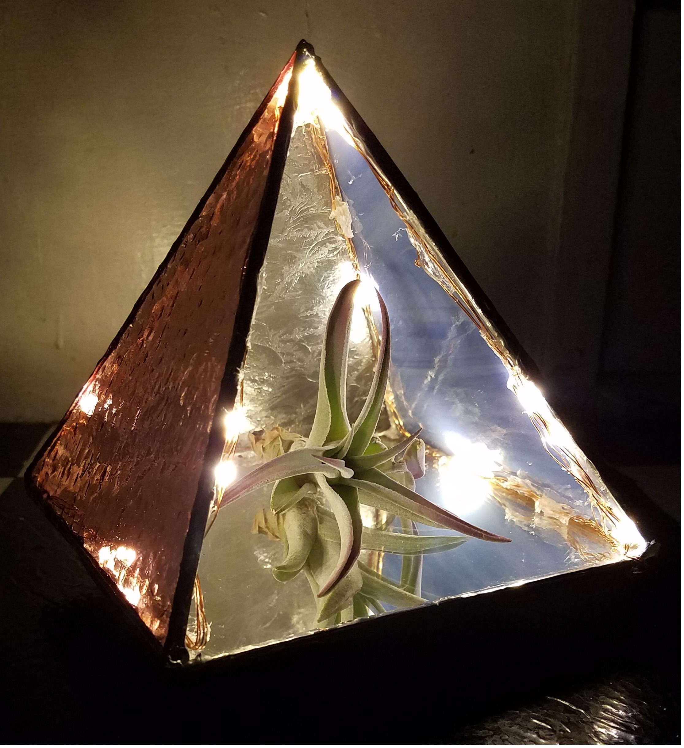 Stained Glass Pyramid, Geometric Glass, Plant Holder, Lighted Pyramid ...