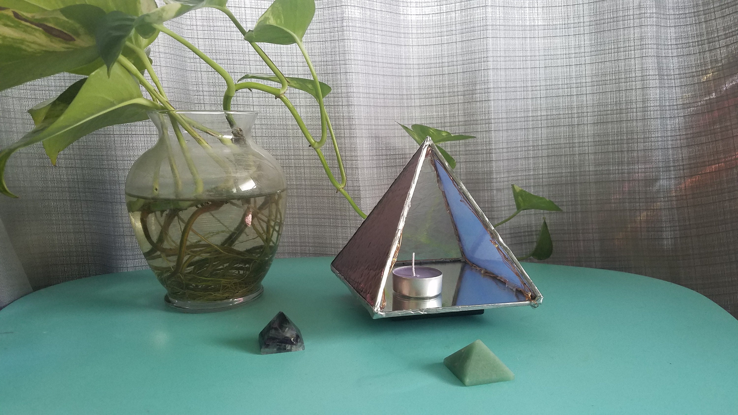 Stained Glass Pyramid, Geometric Glass, Plant Holder, Lighted Pyramid ...