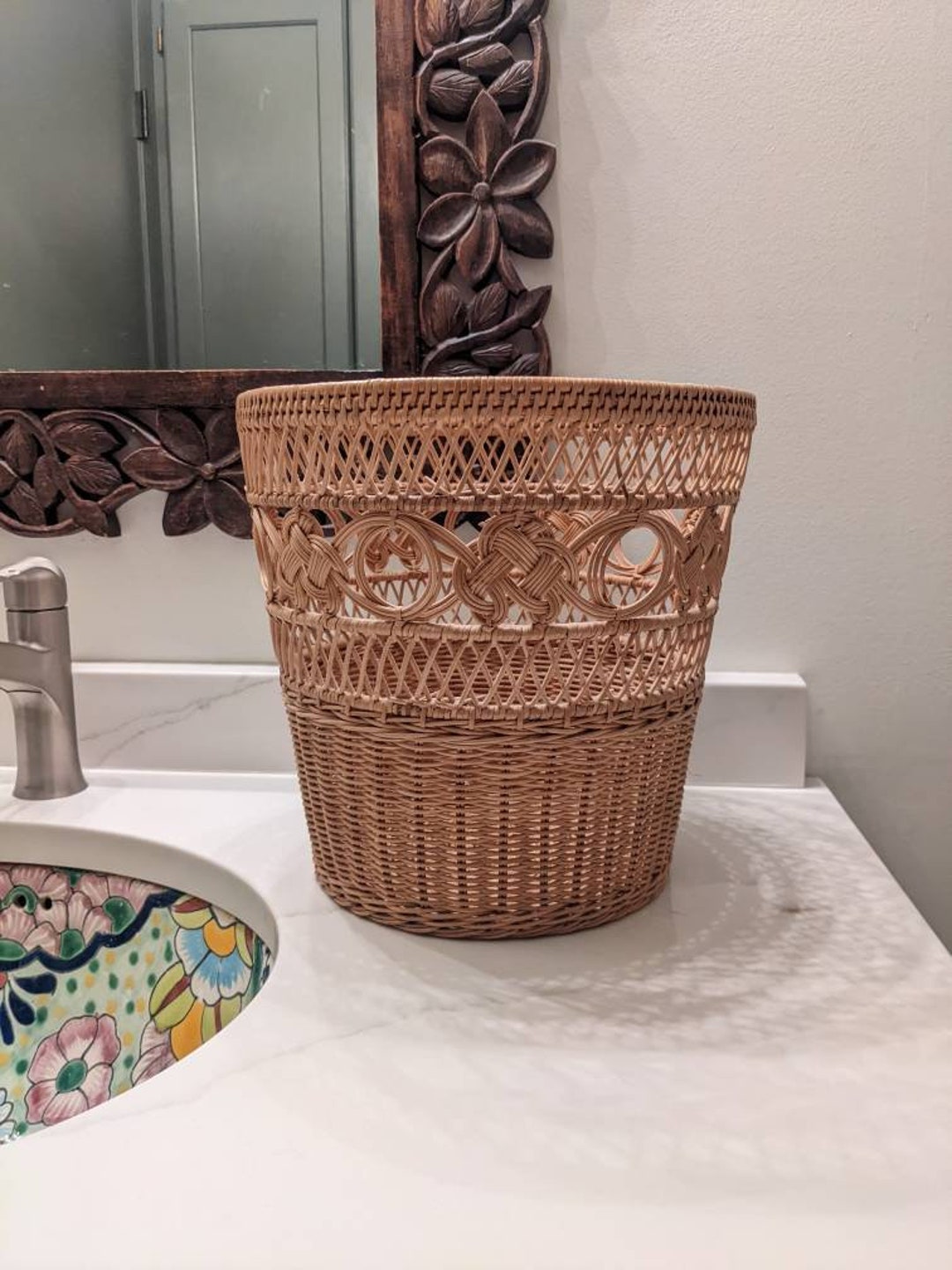 Bohemian Trash Bin Wicker Garbage Can Bohemian Bathroom Boho - Etsy
