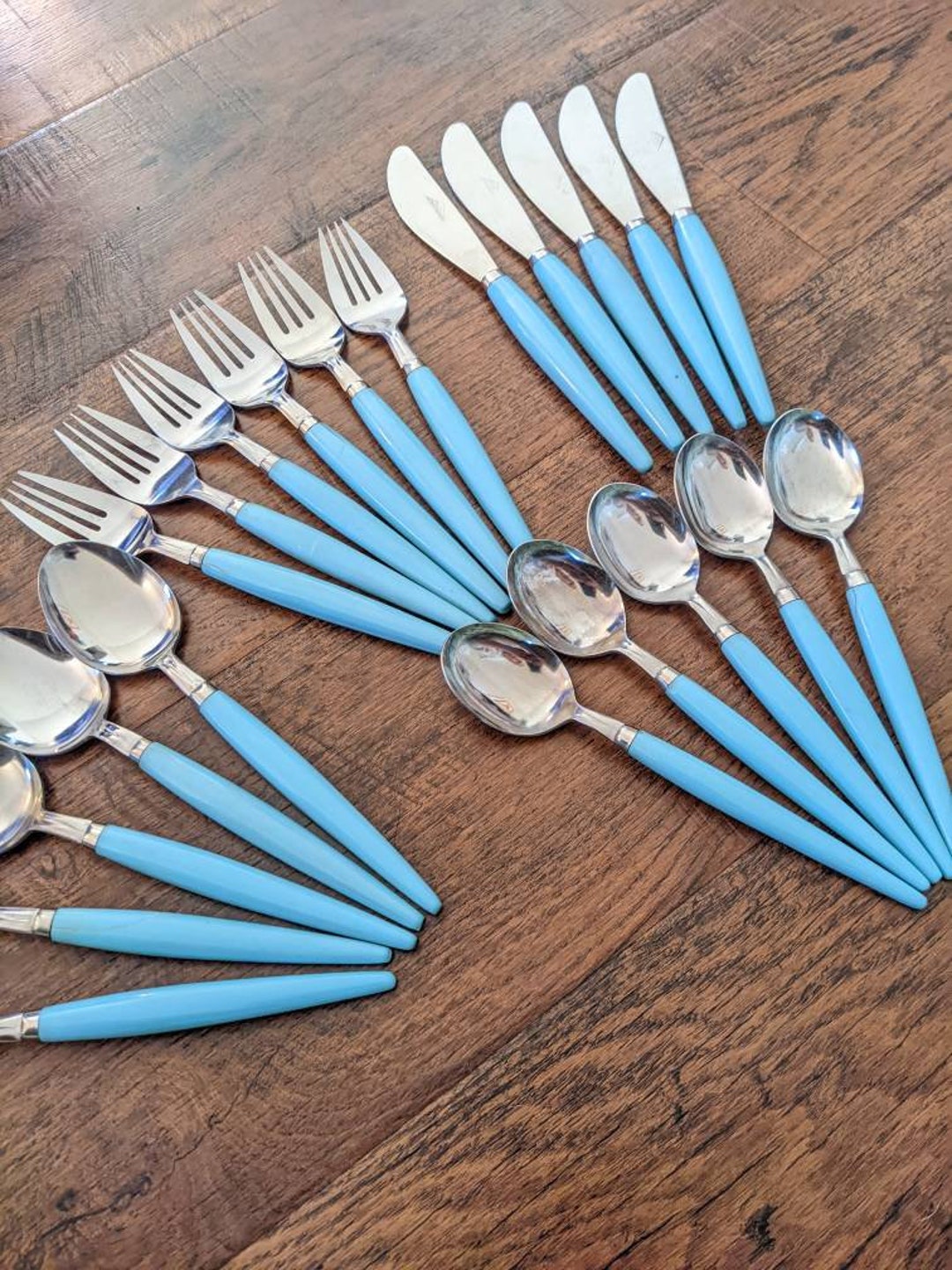 Castle Stainless Aqua Handles Set Forks Spoons Knives Turquoise Handled ...