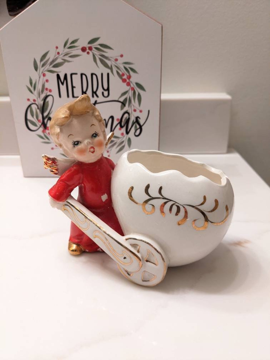 Christmas Angel Pushing Wagon Rare Angel Planter Holiday Decor Merry ...