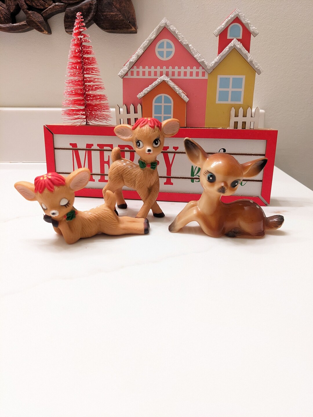 Plastic Deer Mid Century Modern Deer Floral Christmas Figurines Diamond ...