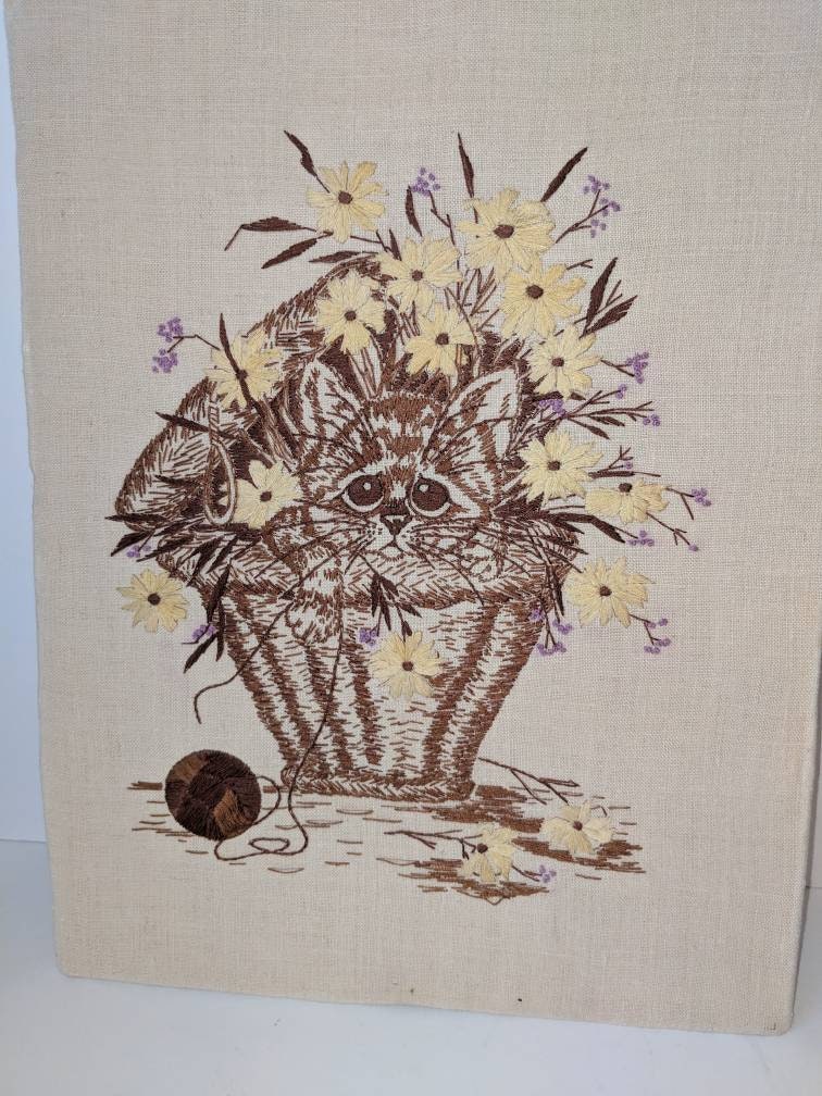 1970s Cat Embroidery Retro Kitten Crewel Kitschy Wall Hanging | Etsy