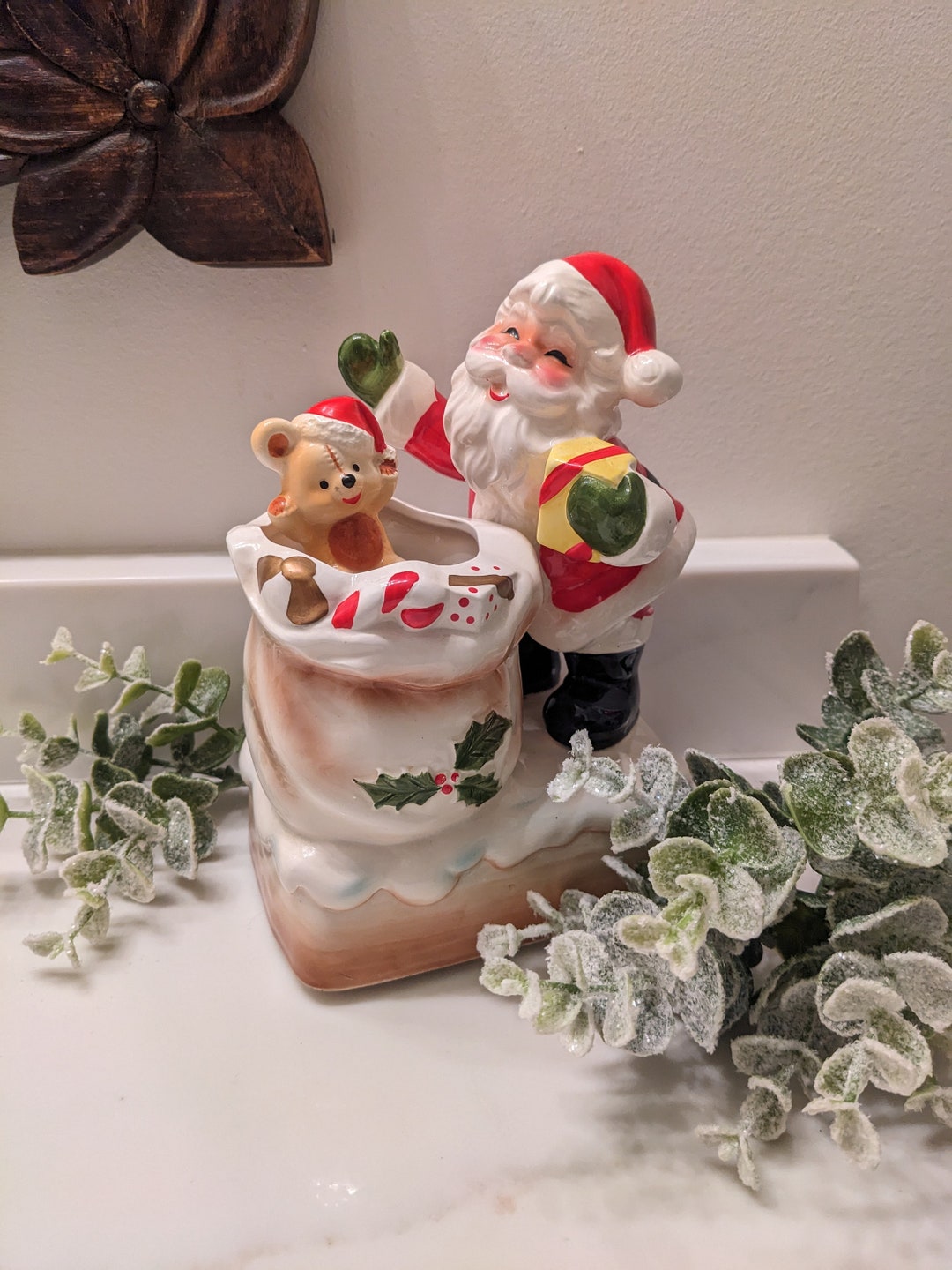 Lefton Ceramic Christmas Music Box Santa Revolving Teddy Bear Christmas ...
