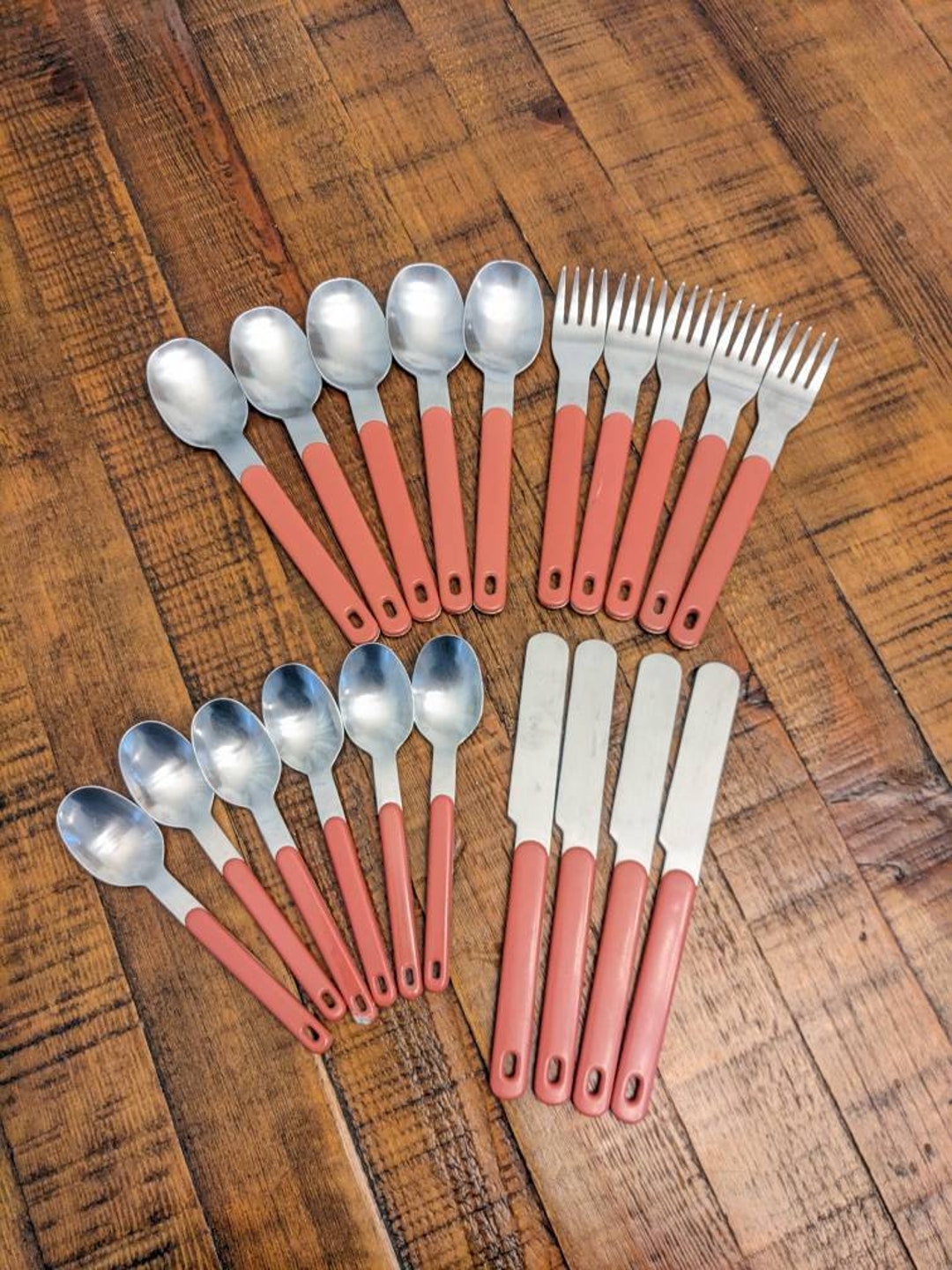 Pink Plastic Handled Flatware Peach Handled Flatware Retro Silverware ...