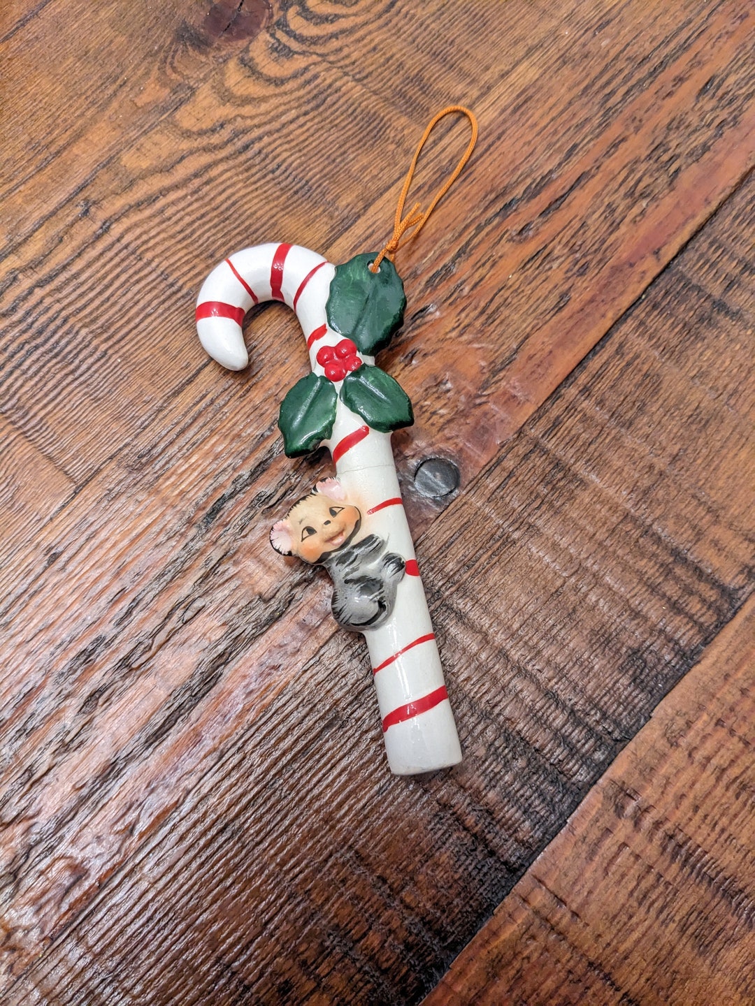 Bear on Candy Cane Christmas Ornament Japan Christmas Ornament Ceramic ...
