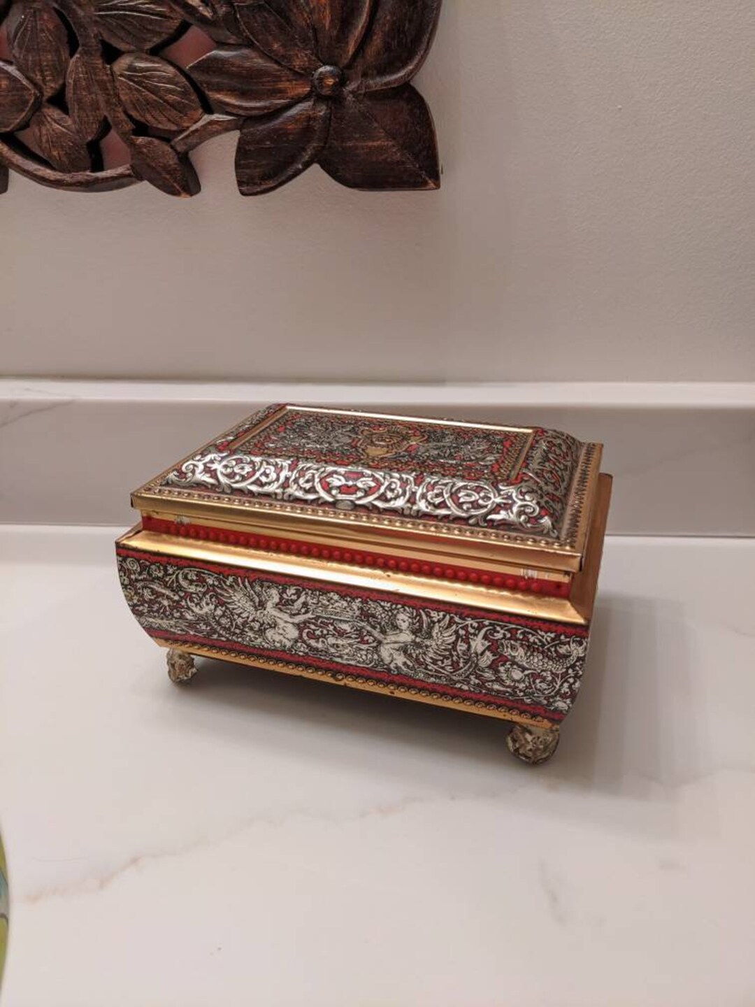 Trinket Tin Lion Decor Castle Style Art Nouveau Box Mermaid Design ...