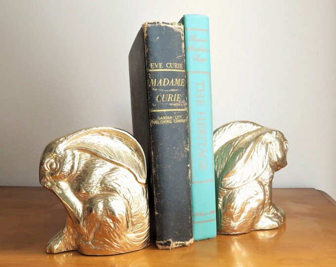 Rabbit Bookends, Vintage Brass Gold Bunny Book Ends, Baby Nursery ...