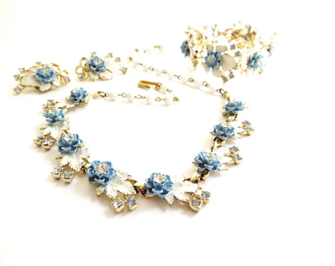 Vintage Blue White Enamel Flower Rhinestones Set Floral - Etsy