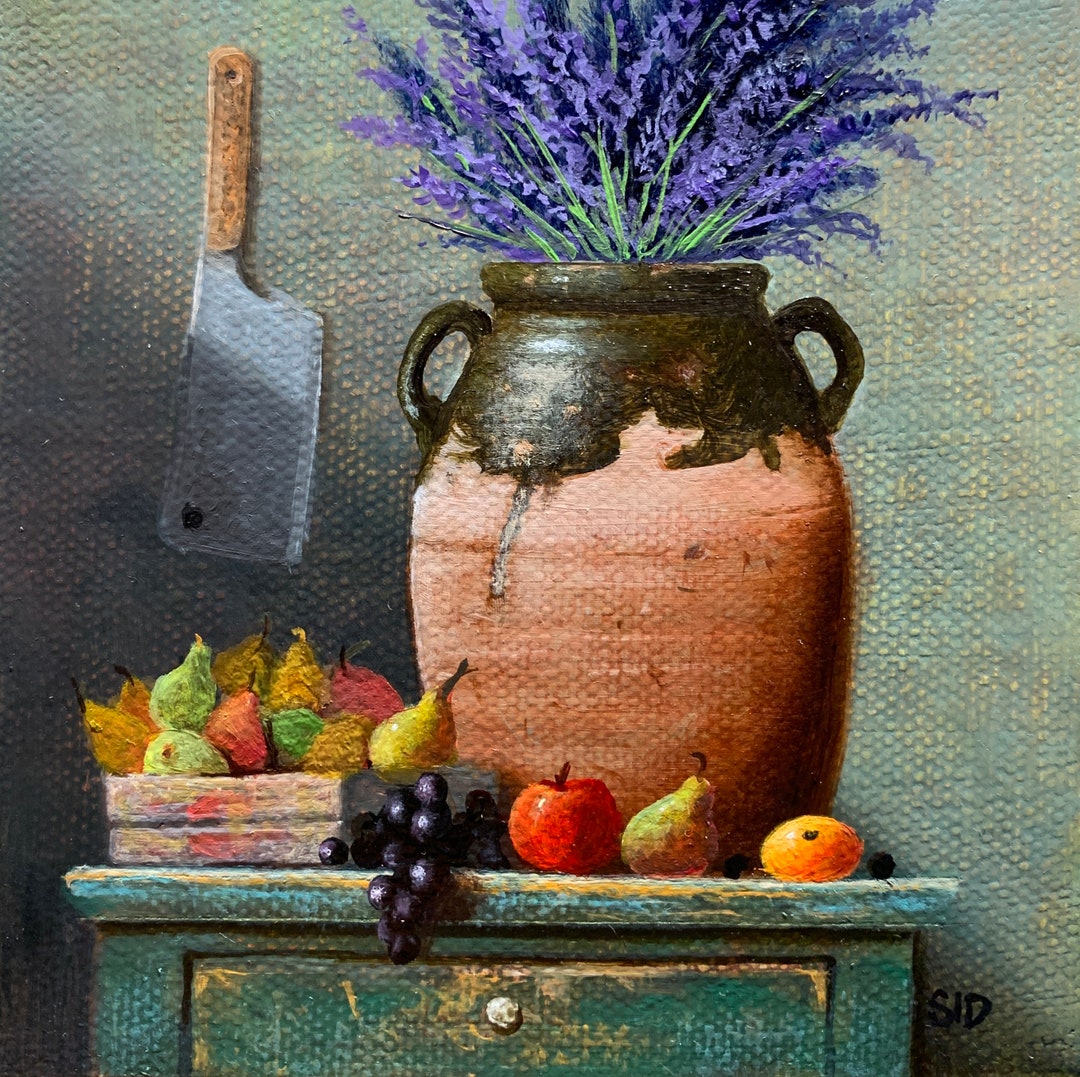 Original Oil Painting Antique Crock Lavender Fruit Still Life Antique ...