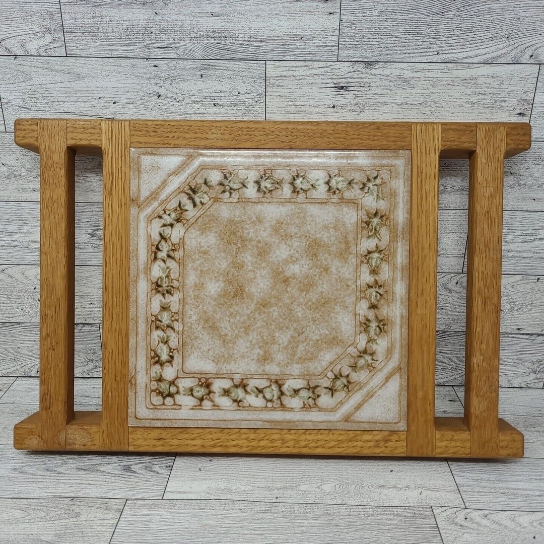 Vintage Ceramic Tile Trivet Wood Frame Handles Cheese Serving Tray ...