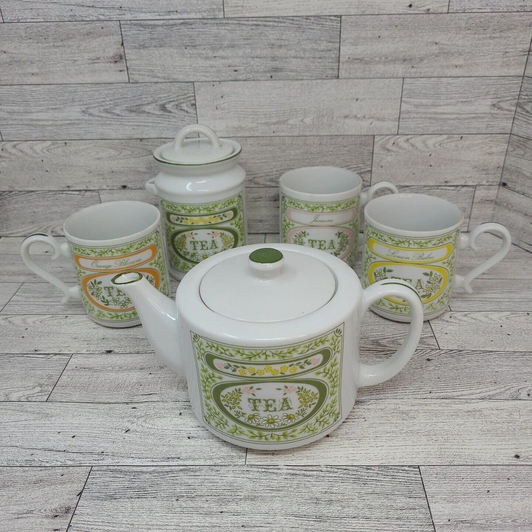 Vintage A Lorrie Design Tea Set Teapot Cups Canister White Green Floral ...