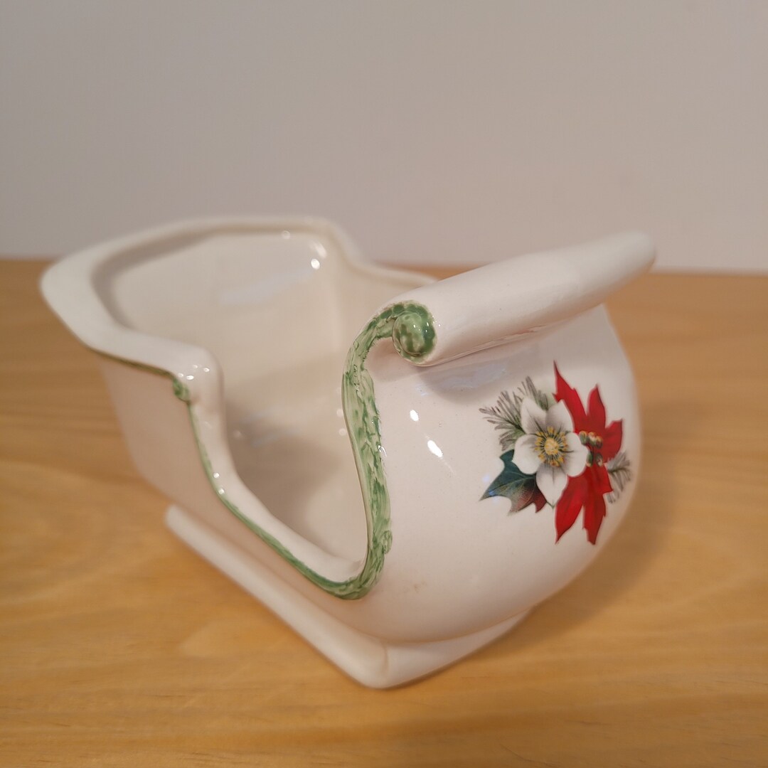 Vintage Ceramic Sleigh Handpainted White Green Poinsettia - Etsy