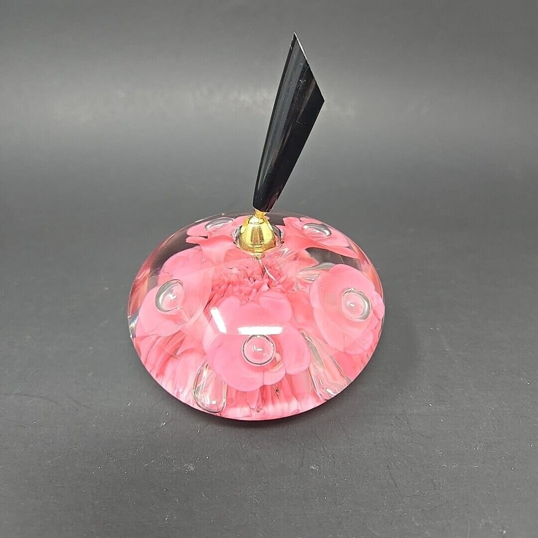 Vintage Joe Rice Paperweight Pen Holder Glass Pink Flowers & Bubbles 3. ...