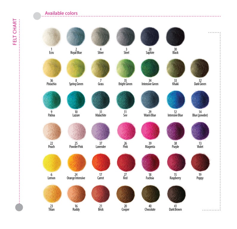 FELT BALL #10. Lazure ; Sizes: 1cm, 1,5cm; 2cm, 3cm, 3,5cm, 4cm, 5cm ...