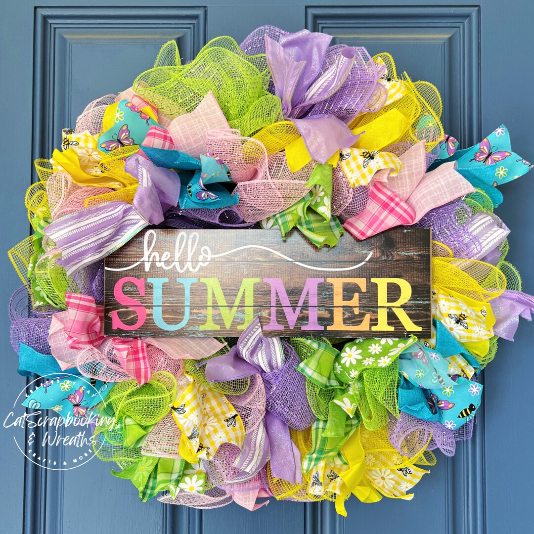 Hello Summer Wreath | Summertime Door Decor | Summer Deco Mesh Front ...