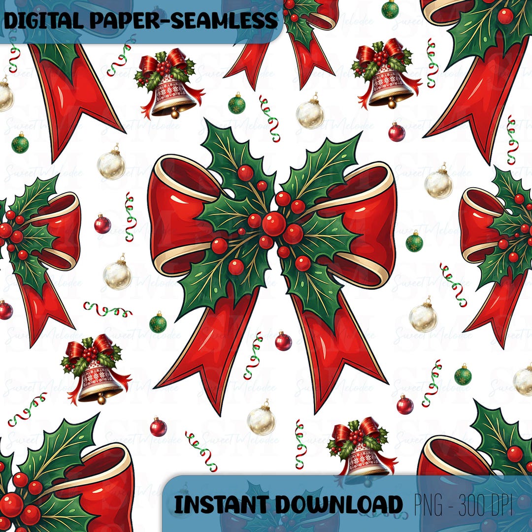 Christmas Bow Digital Paper PNG | Seamless Red Green Gold Holiday ...