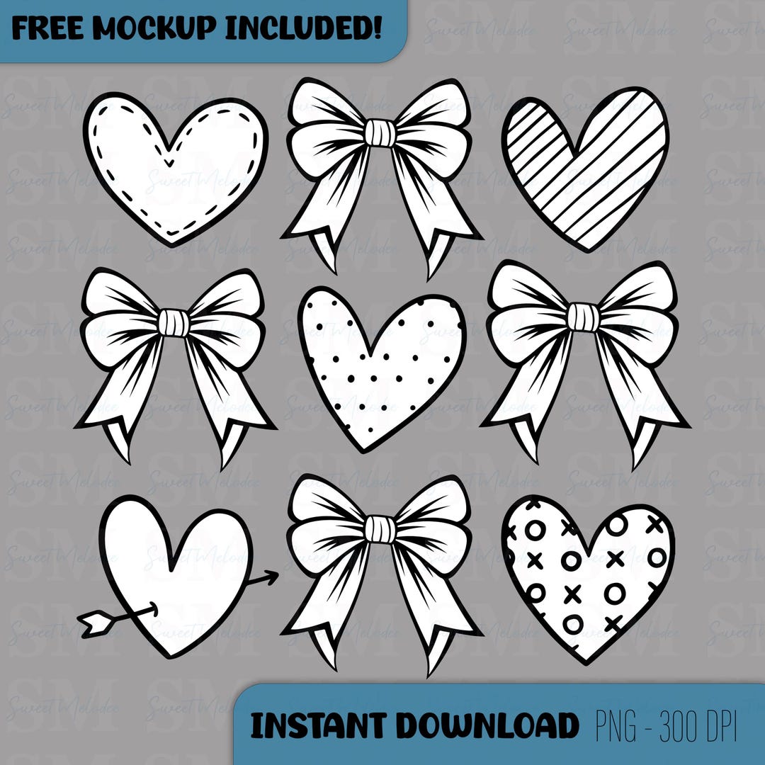 White Hearts & Bows PNG Download | Heart and Bow Clipart | Cute Bow ...