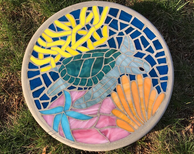 Sea Turtle Glider - Turtle Stepping Stone -14 Inch Round Mosaic Garden ...