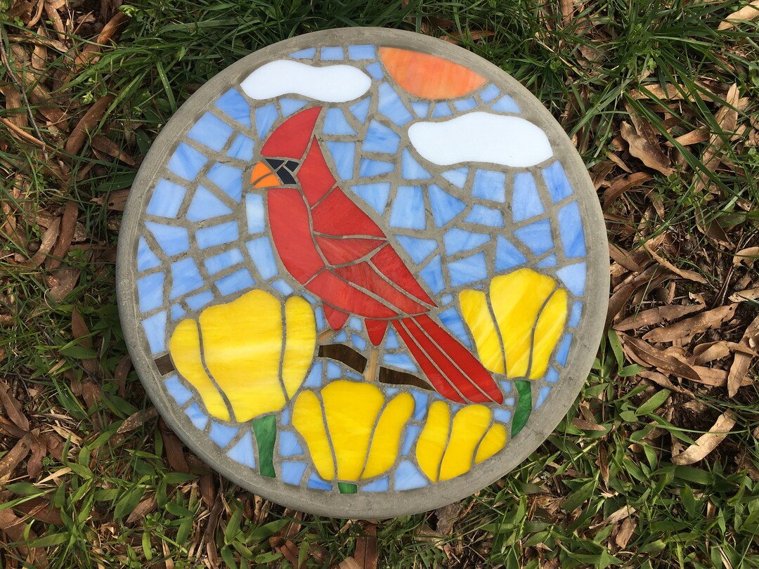 Cardinal in Yellow Blooms Stepping Stone 14 Inch Round Yard - Etsy
