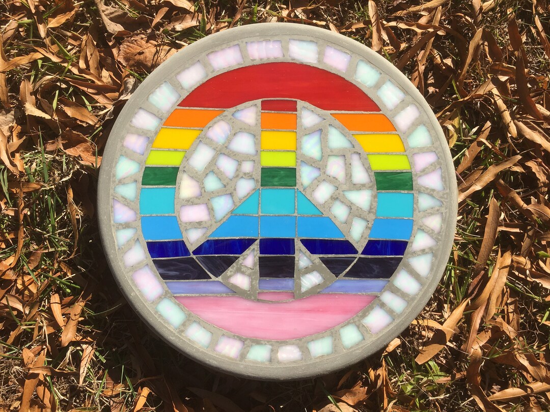 Rainbow of Peace -14 Inch Round Mosaic Stepping Stone-peace Sign Garden ...