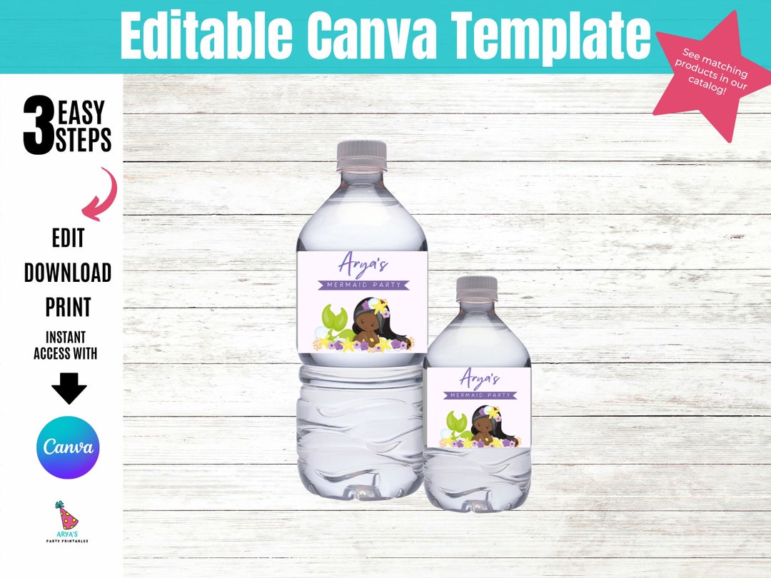 Editable Mermaid Birthday Water Bottle Label,printable Canva Template ...