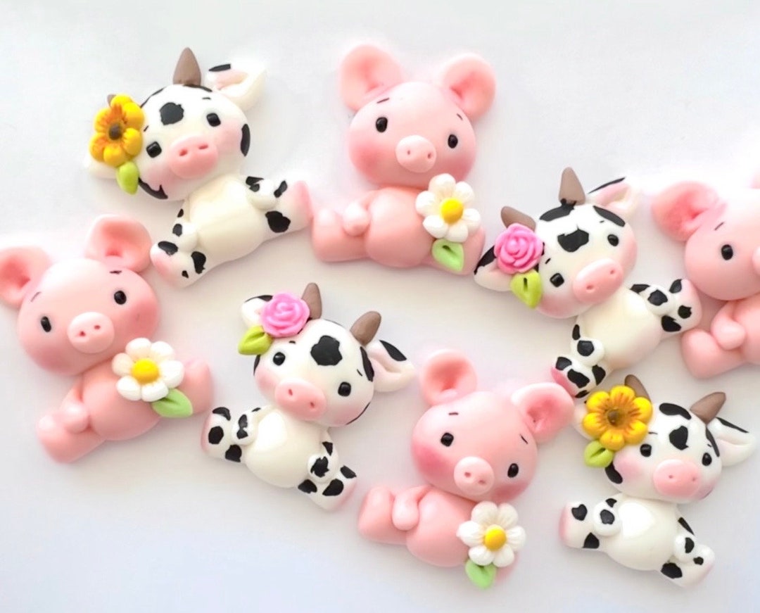 Clay Farm Animal Embellishments: Cow & Pig With Flowers (set of 2) - Etsy