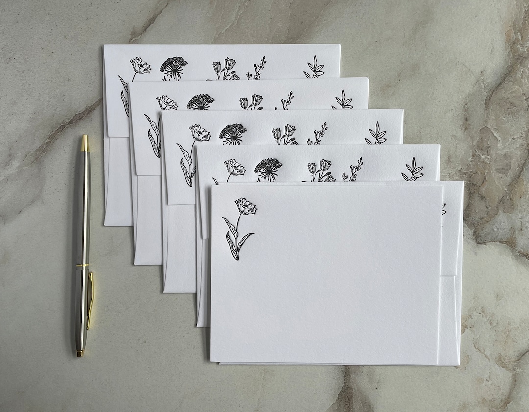 Letterpress Stationery Set, Floral Letterpress Note Cards, Letterpress ...